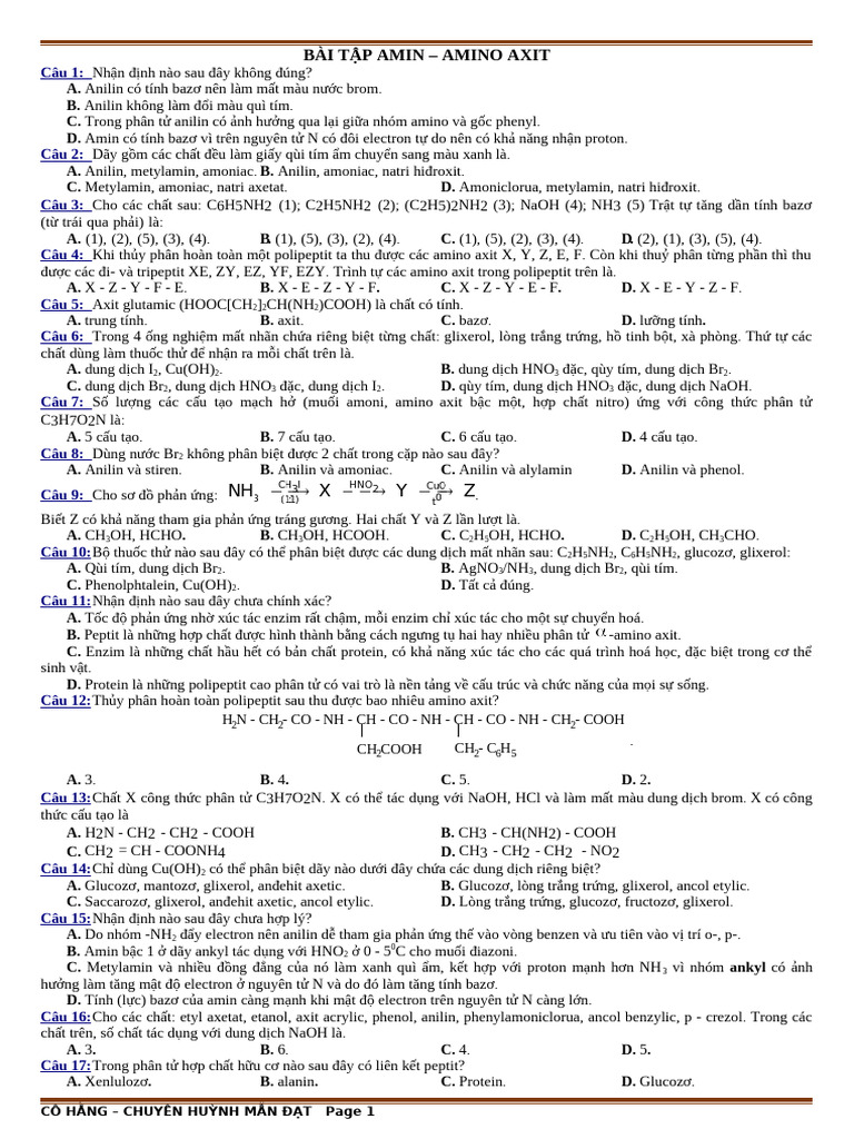 BÀI TẬP AMIN - AMINO AXIT | PDF