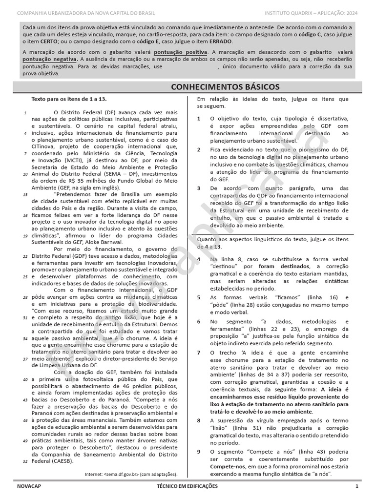 301 TECNICO EDIFICACOES QUADRIX Concurso 2024 NOVACAP | PDF