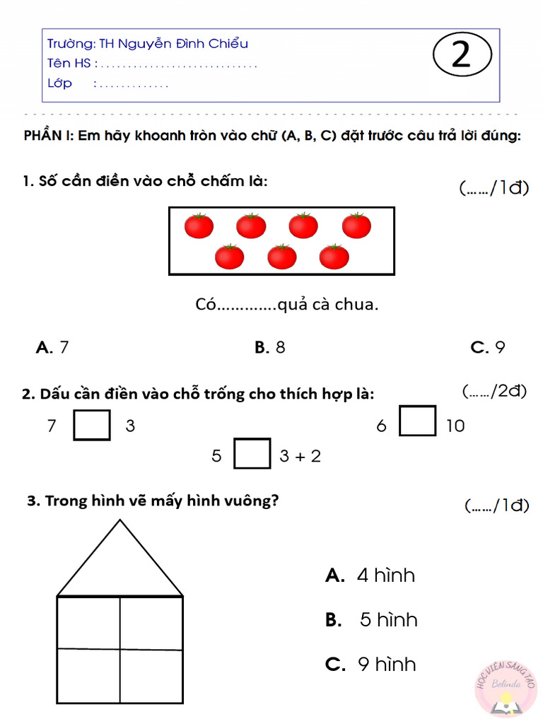 Lớp 1 PBT toán số 2 | PDF