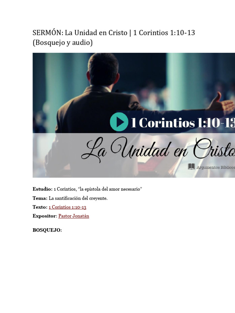 03.SERMÓN La Unidad en Cristo 1 Corintios 1 10-13 Bosquejo y Audio | PDF