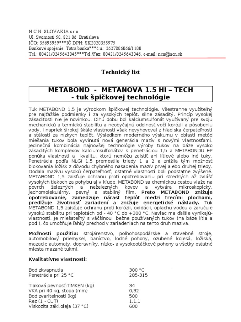 METANOVA - METABOND 1,5 Hi-Tech - Technický List | PDF