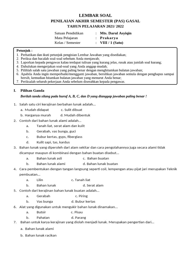 Soal PAS Prakarya Kelas 8 Semester Ganjil | PDF