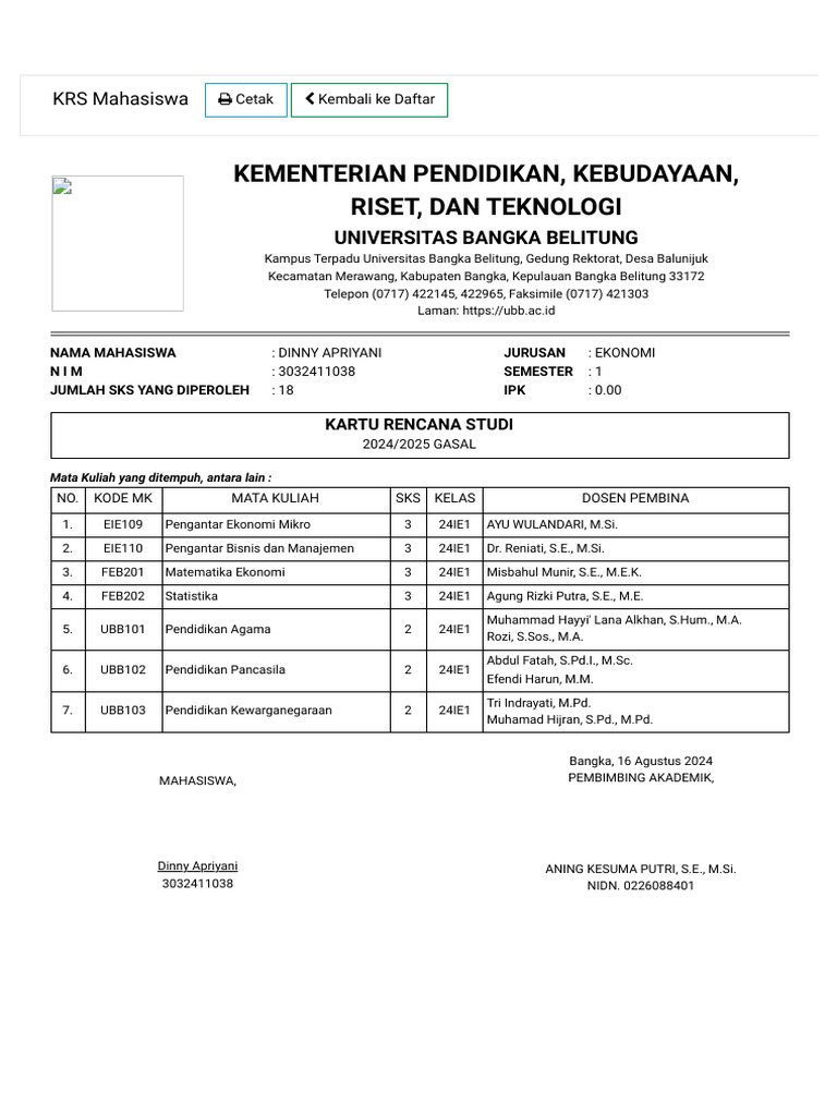 KRS Mahasiswa | PDF