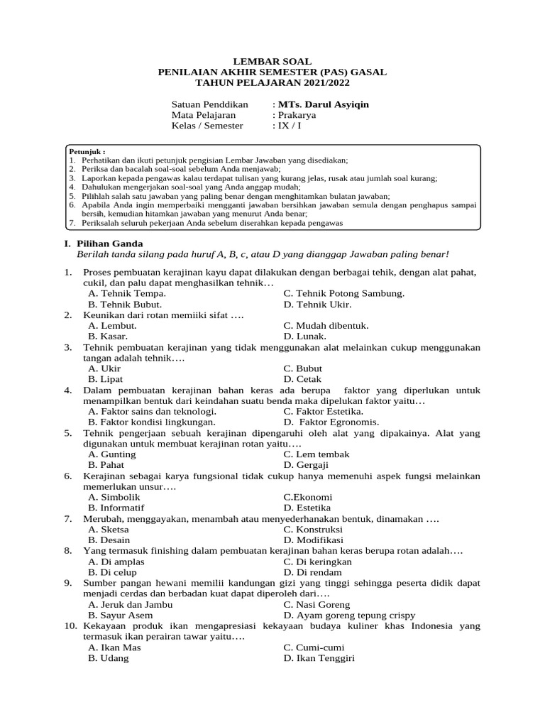 Soal PAS Prakarya Kelas 9 Semester Ganjil | PDF