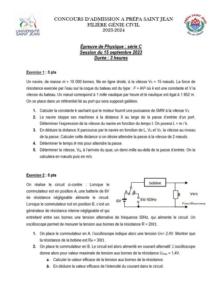 Epreuve Physique Serie C | PDF