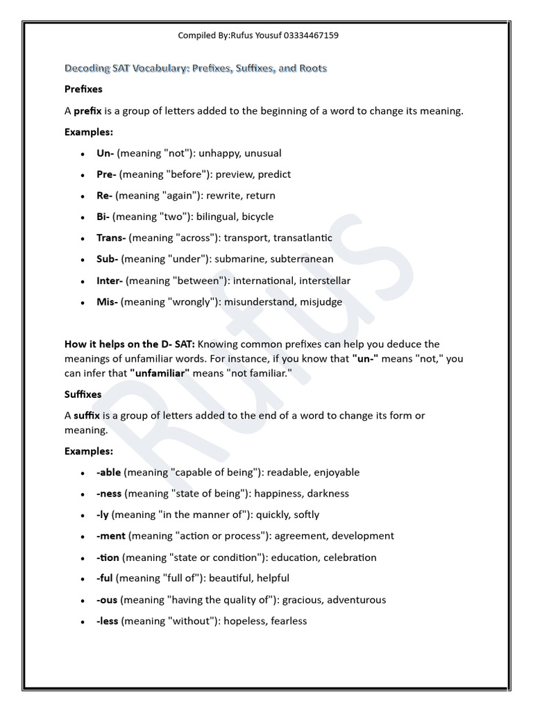 Decoding SAT Vocabulary - Prefixes, Suffixes, and Roots | PDF