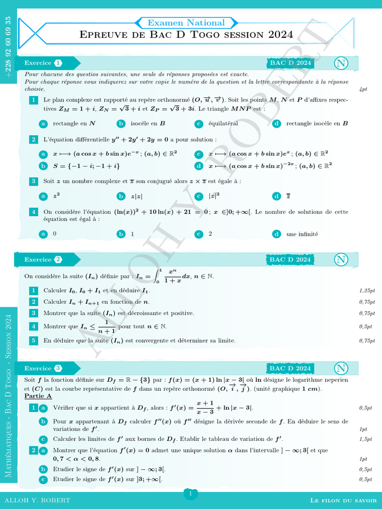 Maths Bac D Togo 2024 | PDF
