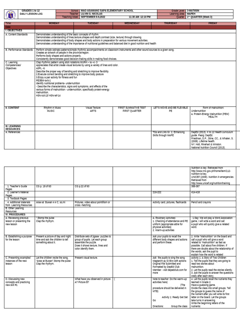 DLL Mapeh Q1 Week 3 | PDF