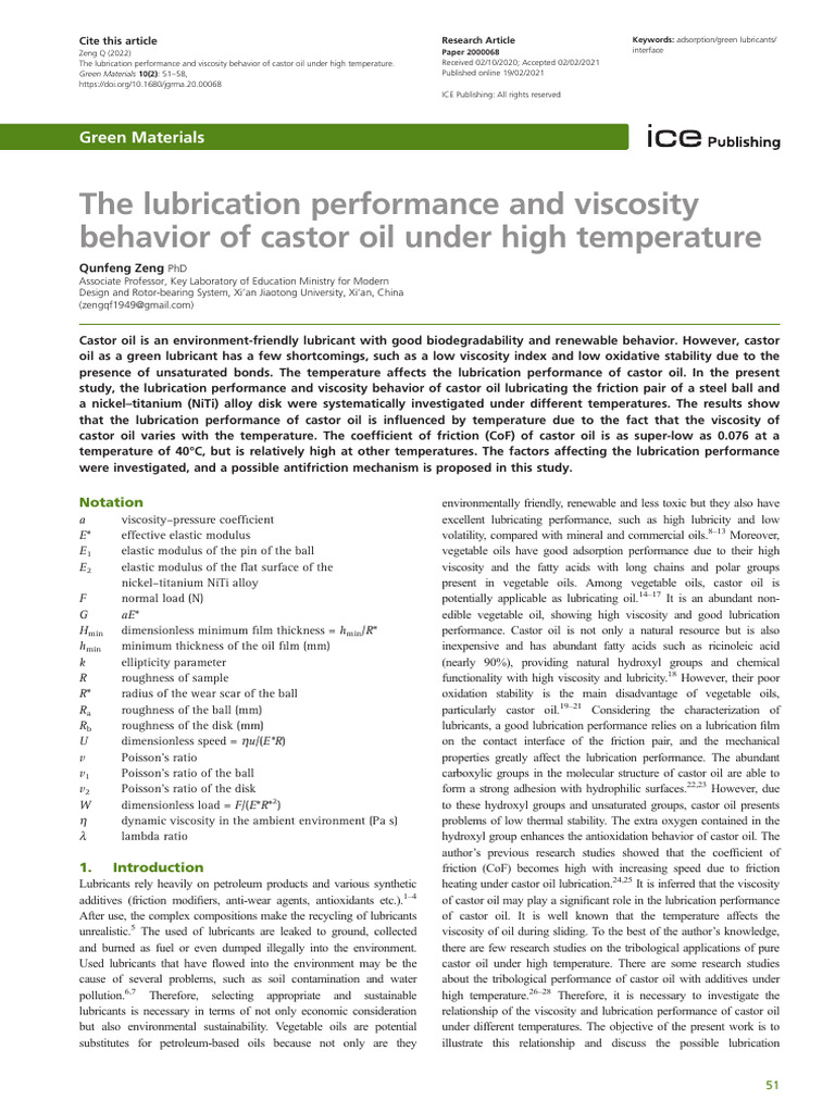 Zeng 2021 The Lubrication Performance and Viscosity Behavior of Castor Oil Under High ...