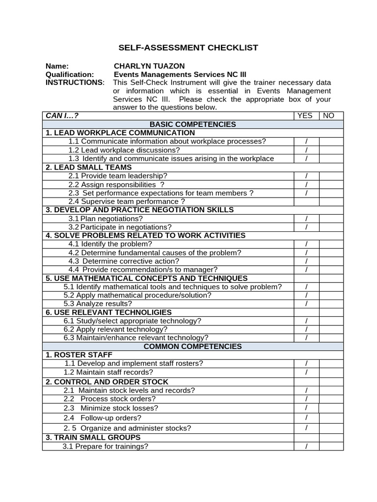 PTS 3 Self Assessment Checklist | PDF | Information | Career & Growth