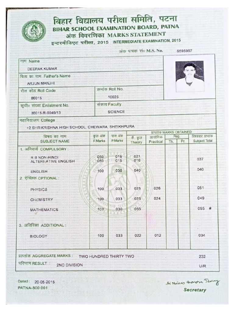 12th Marksheet | PDF