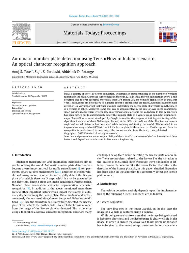 Materials Today: Proceedings: Anuj S. Tote, Sujit S. Pardeshi, Abhishek D. Patange | PDF