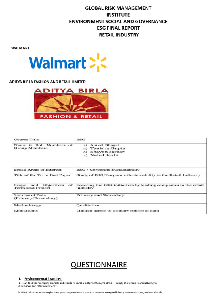 ESG Strategies in Retail: Walmart & ABFRL | PDF | Governance | Supply Chain