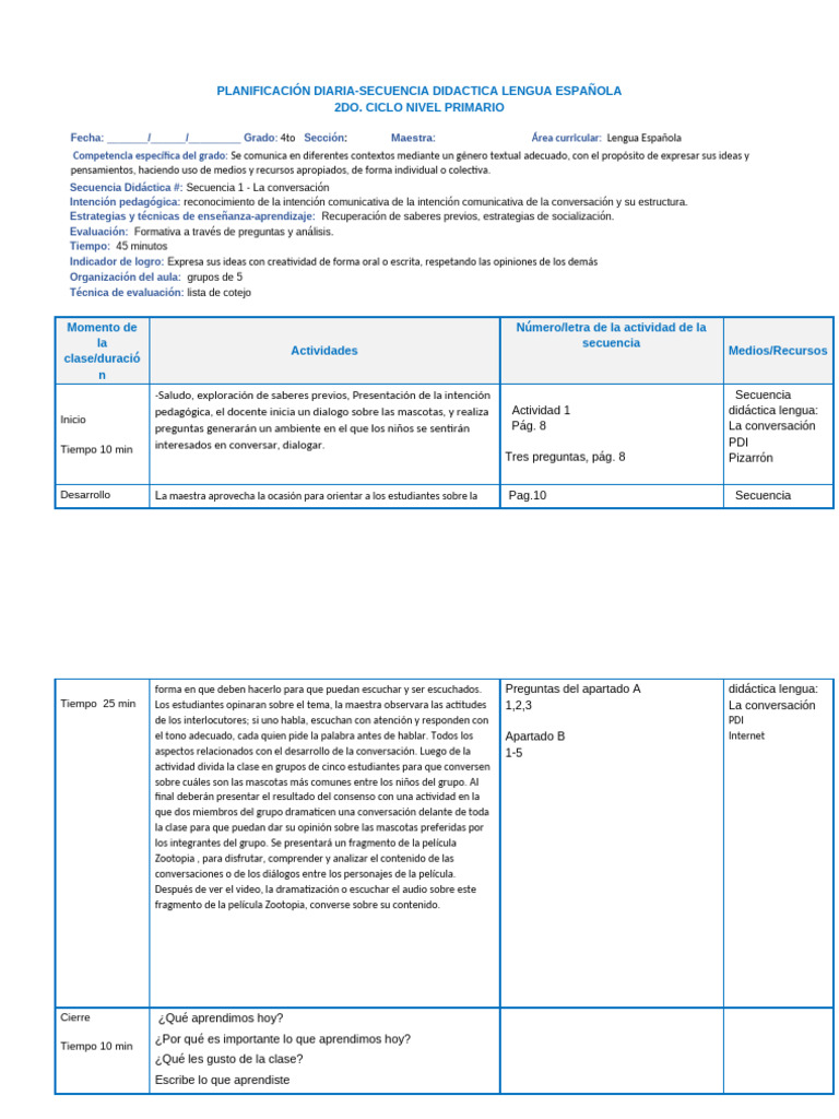 PLANIFICACIÓN DIARIA - Lengua Española 4to Grado | PDF | Evaluación ...