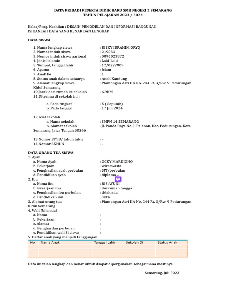 Formulir Daftar Ulang PPDB Risky Ibrahim Oryq | PDF