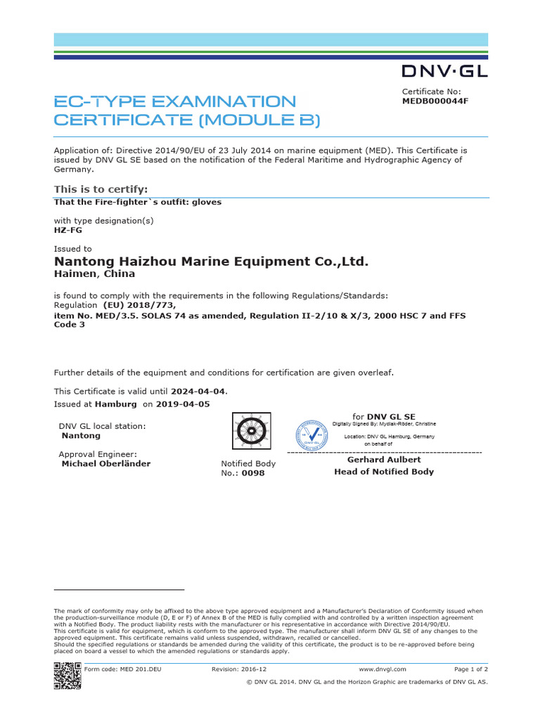Haizhou HZ FG Fire Gloves Module BD Certificate | PDF