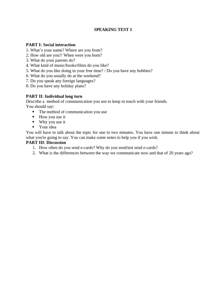 Speaking Test Anh 1 | PDF