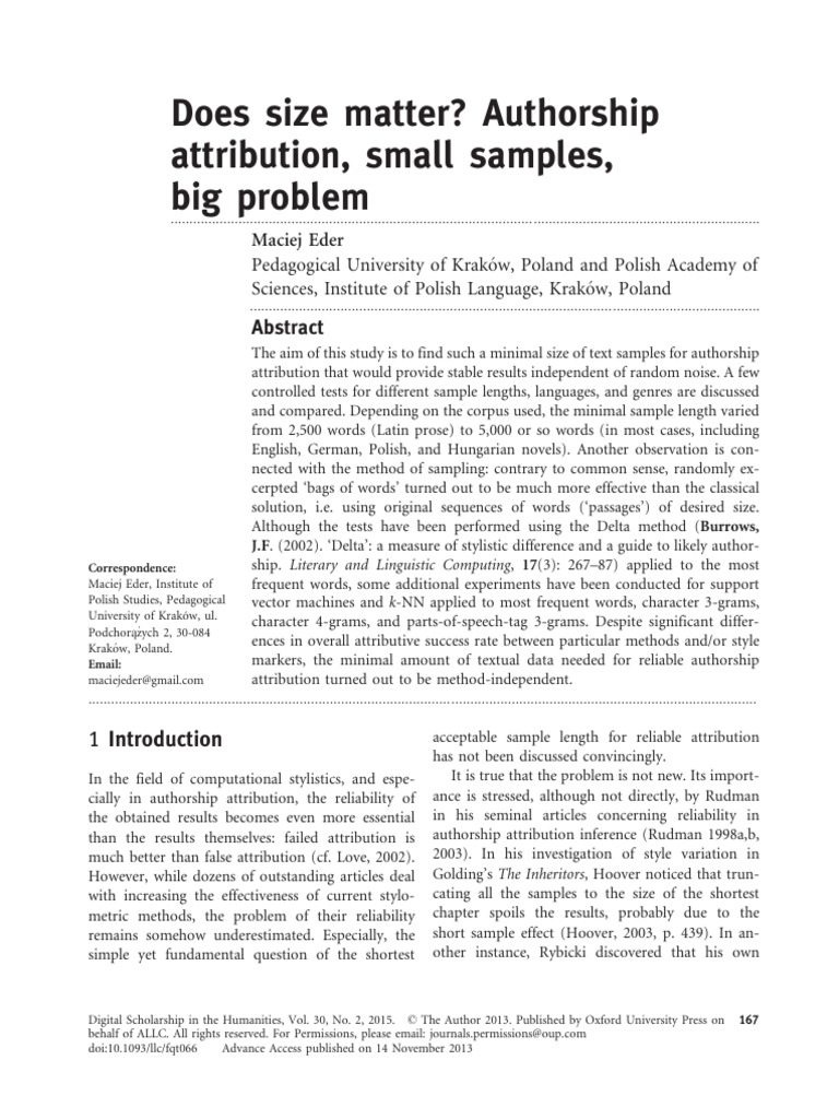 Does Size Matter? Authorship Attribution, Small Samples, Big Problem | PDF