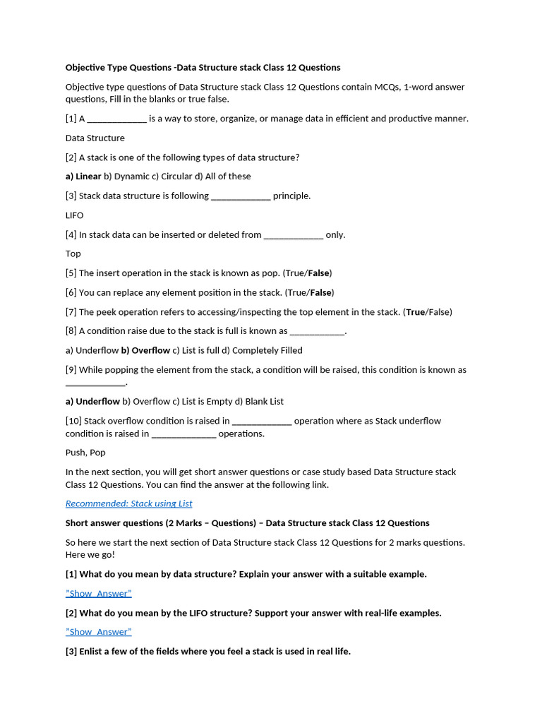 Recommended: Stack Using List: "Show - Answer" | PDF