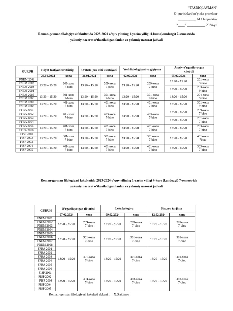 Kunduzgi 4-Kurs Yakuniy Nazorat Jadvali | PDF