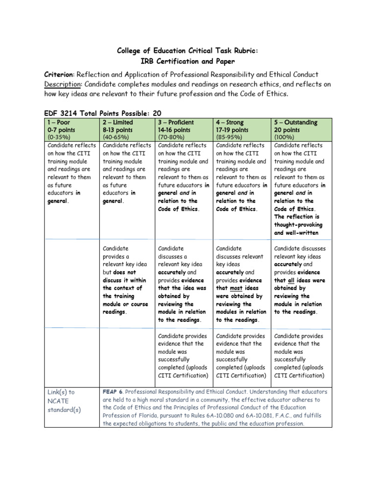 Research Ethics CT Rubric - EDF3214withpoints-1 | PDF