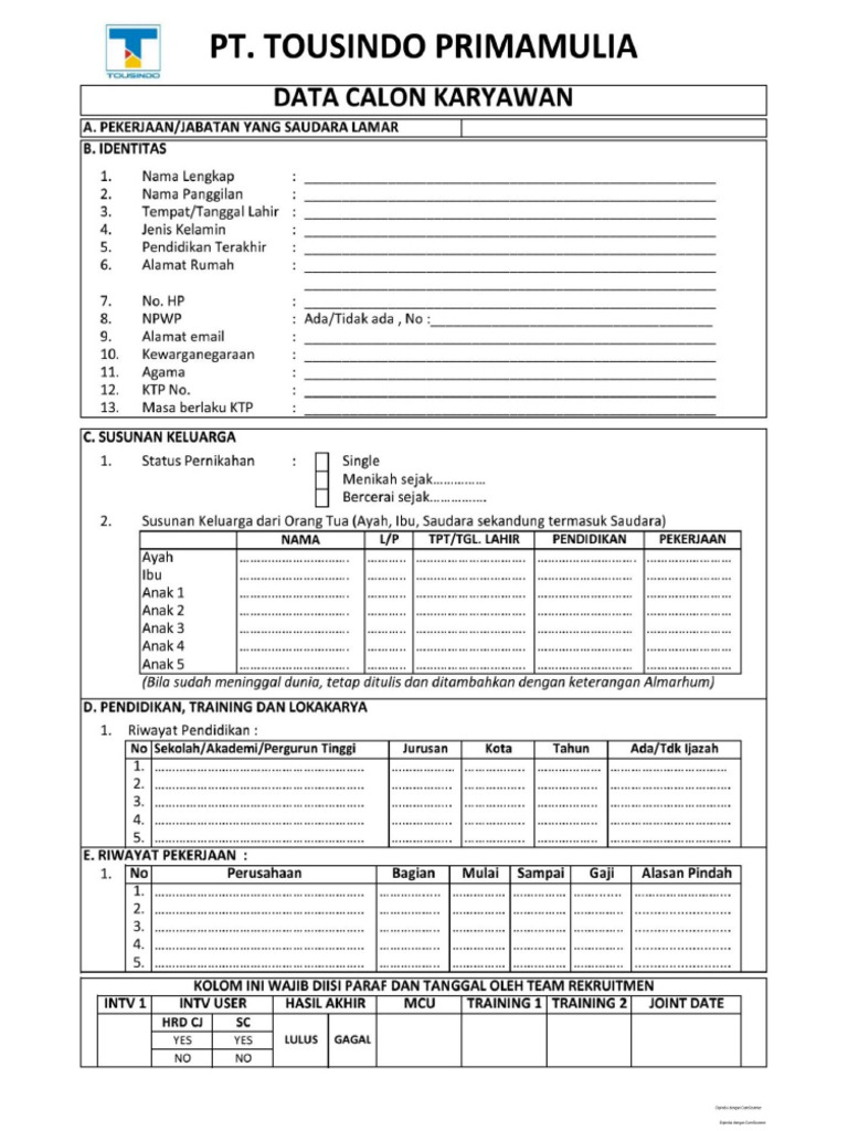 Formulir Calon Karyawan TLJ 2023 | PDF