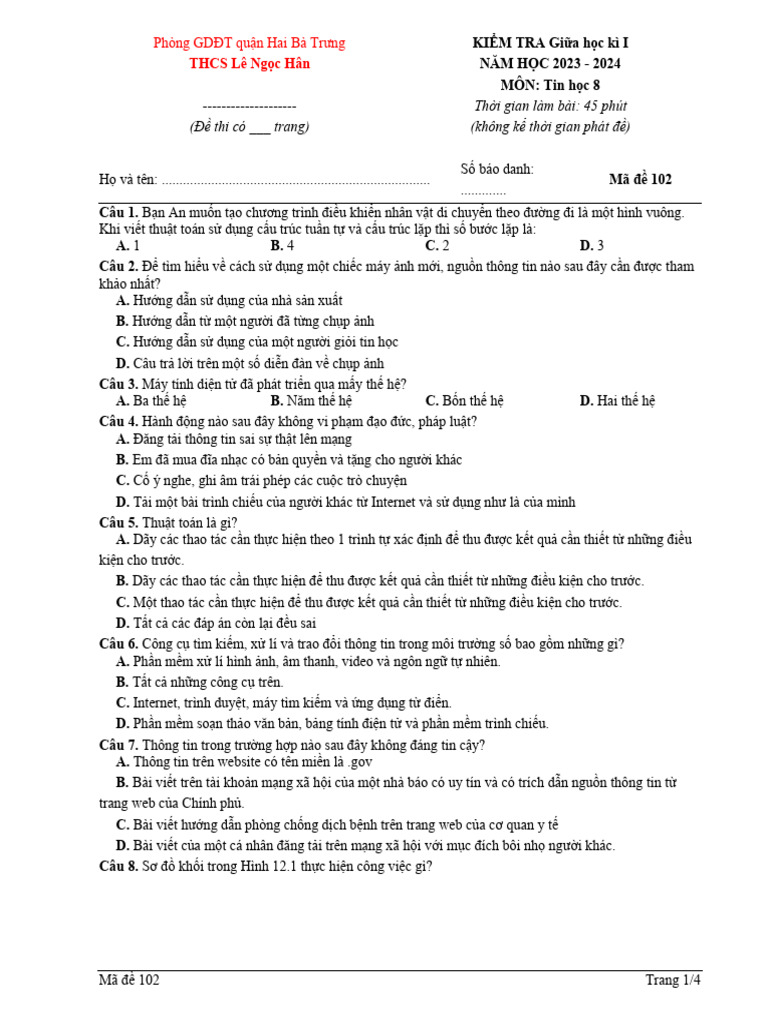 KHTN 6 Ôn gk1 Mã 102 | PDF