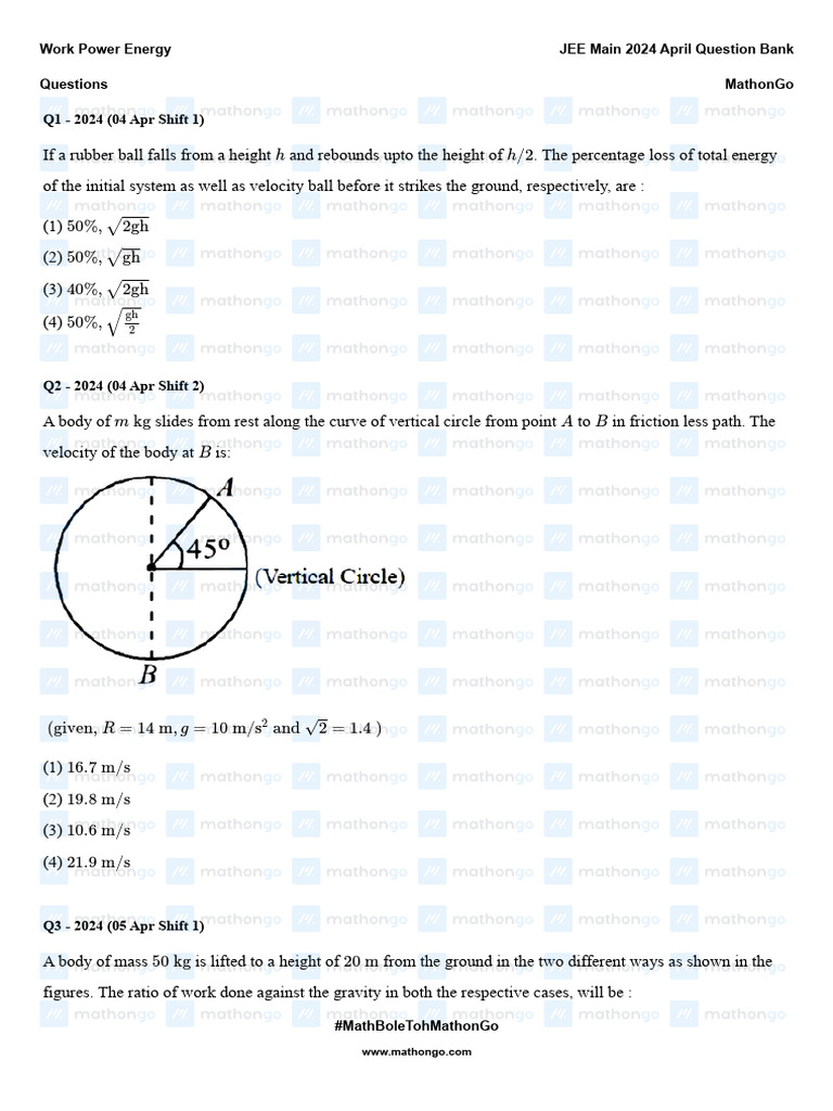 Work Power Energy - JEE Main 2024 April Question Bank - MathonGo | PDF