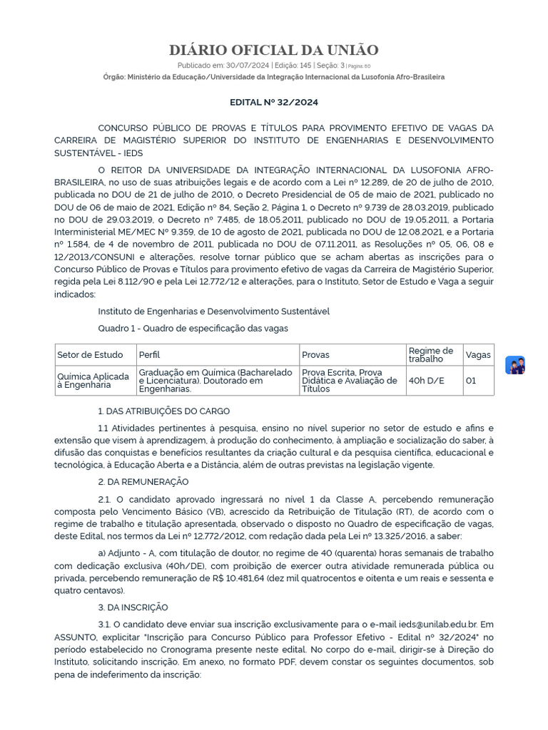 Edital Unilab 32 2024 | PDF