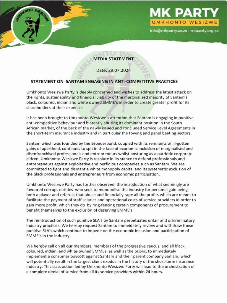 Statement On Santam Engaging in Anti-Competitive Practices | PDF