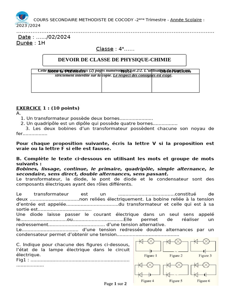 DEVOIR DE CLASSE 4EME 2e Trimestre | PDF