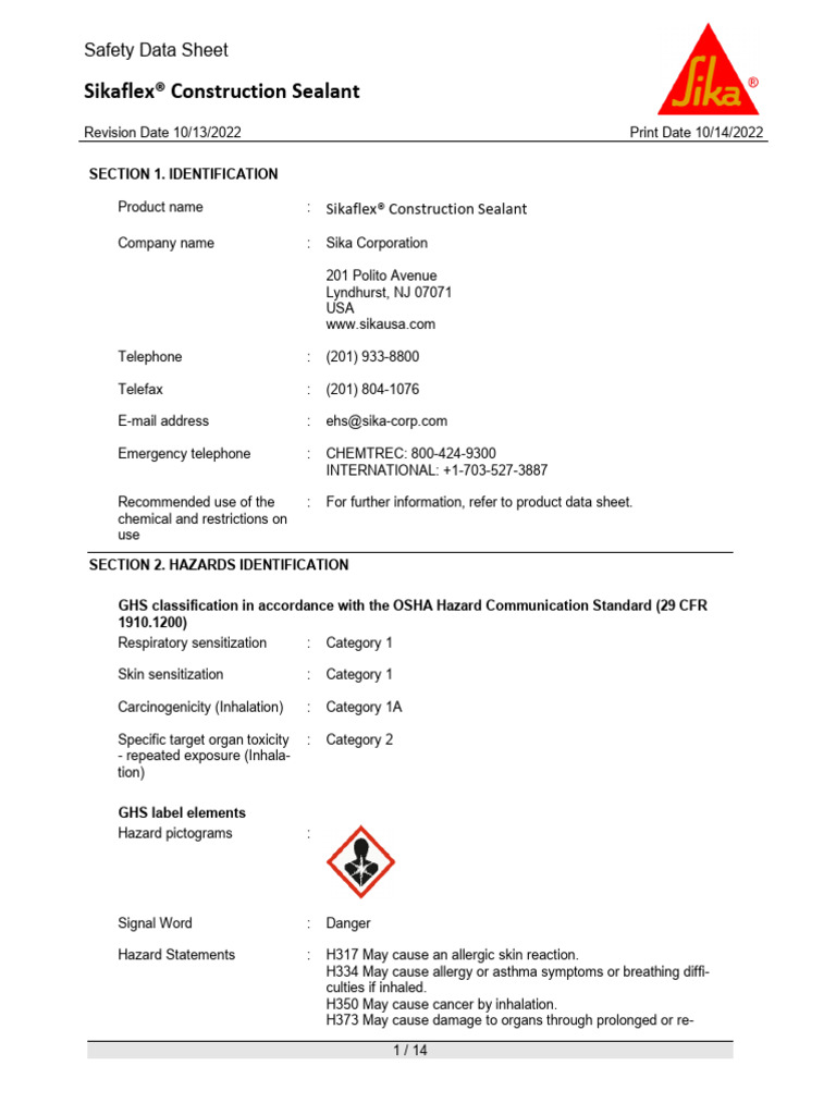 Sikaflex Construction Sealant SDS 2258622 | PDF