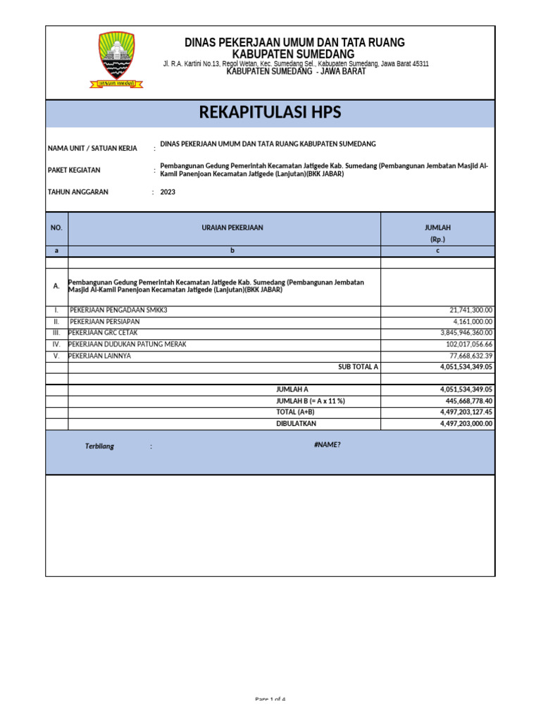 Rekapitulasi HPS: Dinas Pekerjaan Umum Dan Tata Ruang Kabupaten Sumedang | PDF