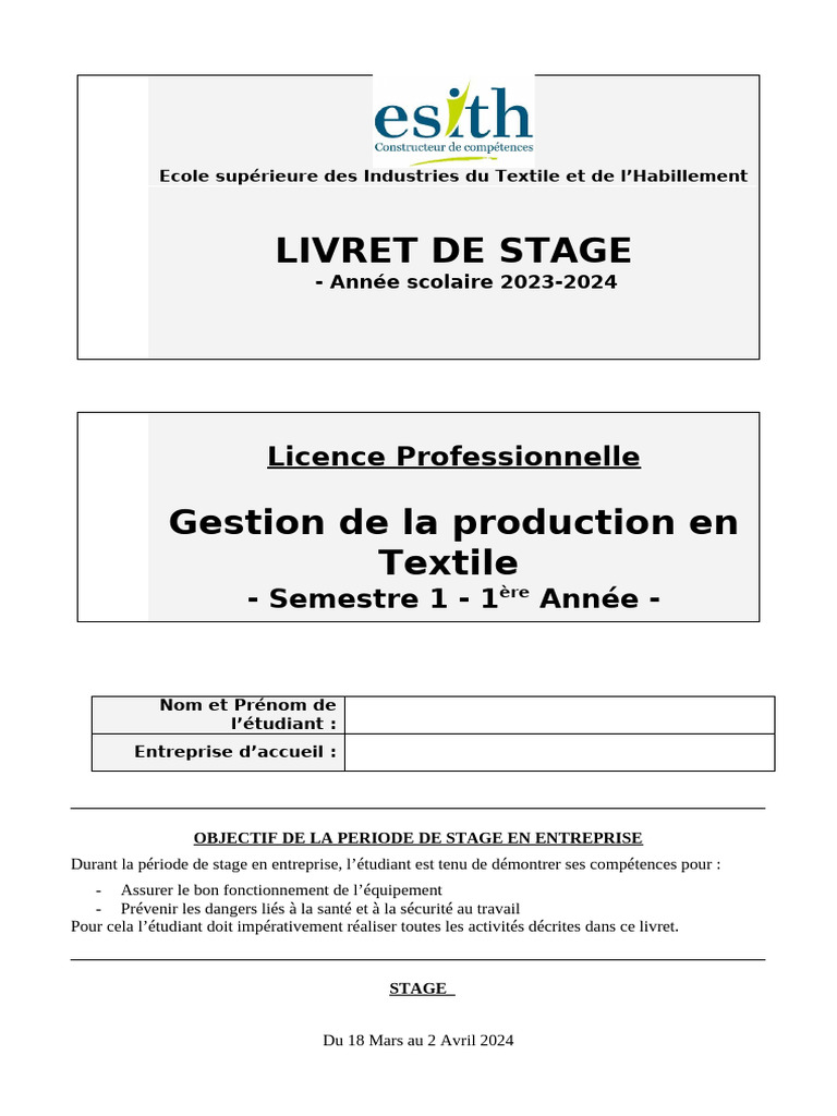 Livret de Stage 1ere Année GPT 2024 | PDF
