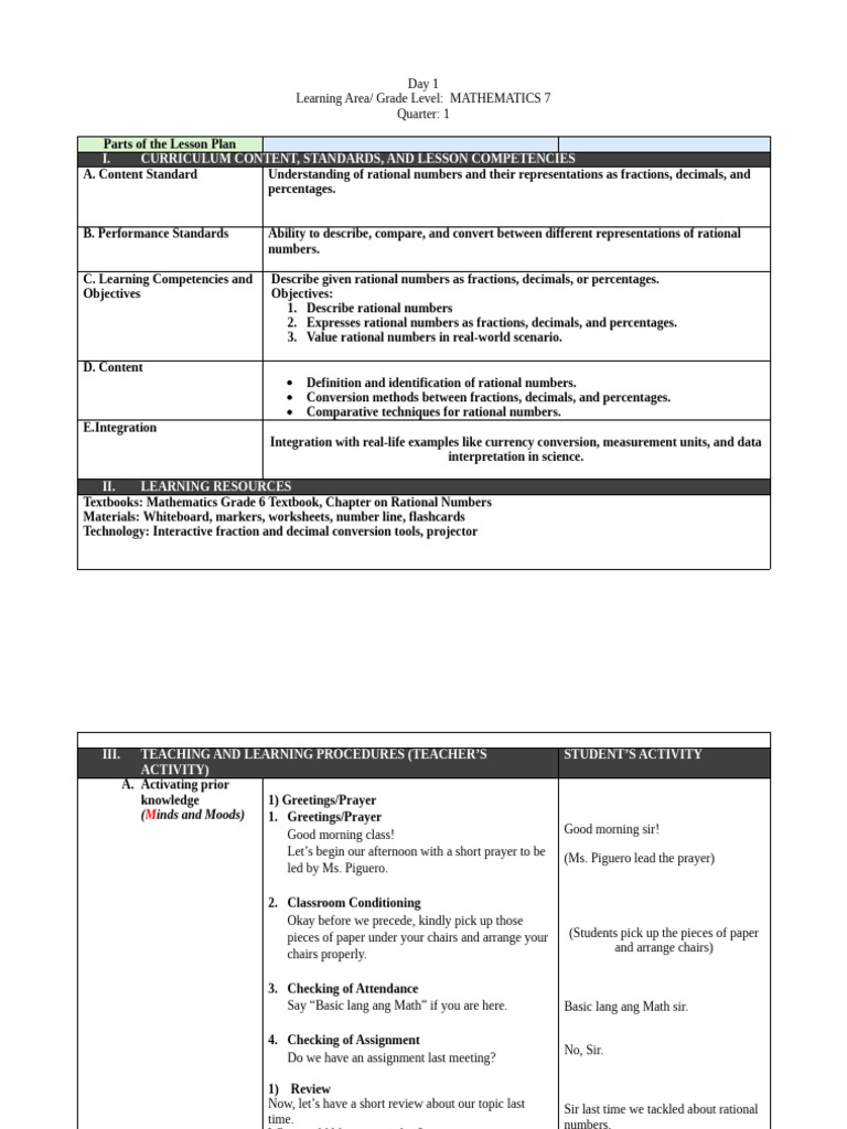 LESSON PLAN GRADE 7 (Rational Numbers) | PDF