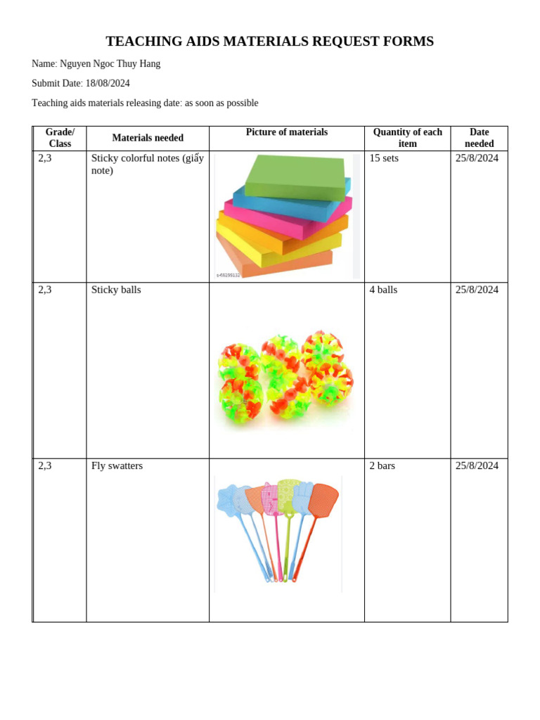 TEACHING AIDS MATERIALS REQUEST FORM (T. Hang) Topic 5,6 | PDF