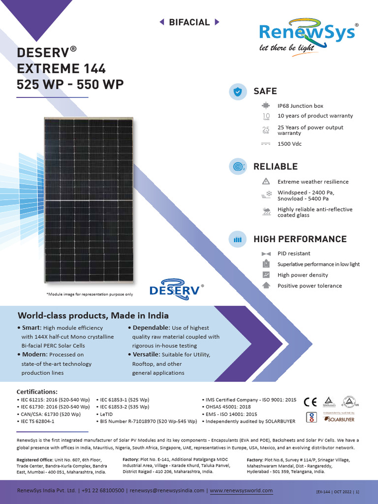 RenewSys 550Wp Bi-Facial - Data Sheet | PDF