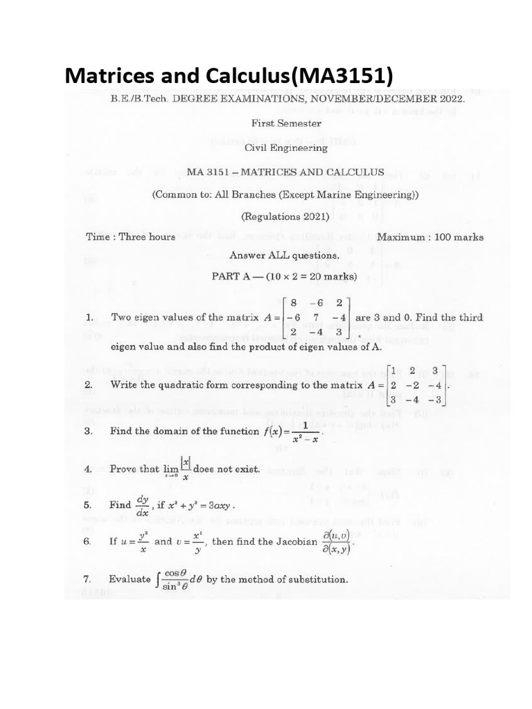 Matrices and Calculus Sem Qns (Reg-2021) | PDF