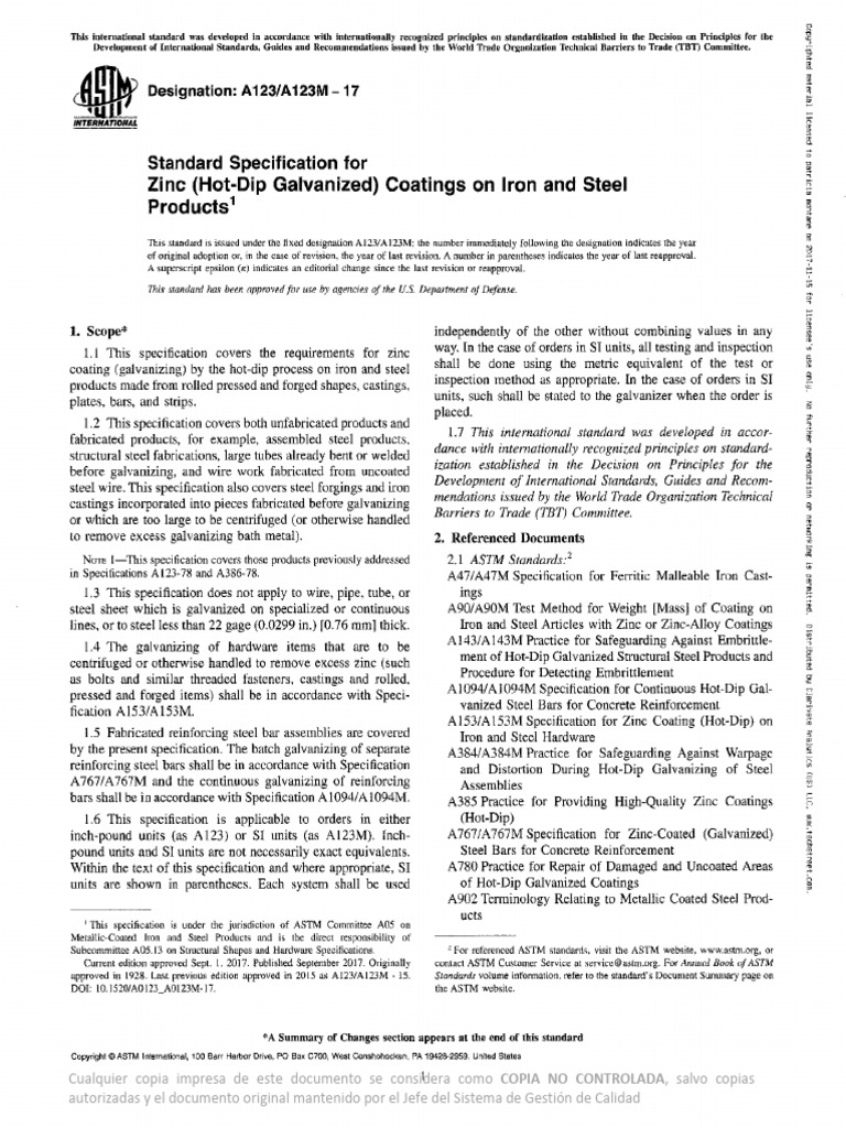 ASTM A123 A123M - 2017 Zinc (Hot Dip Galvanized) Coatings On Iron and ...