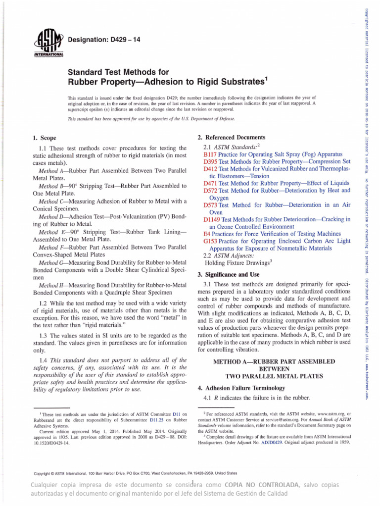 ASTM D429 (2014) Test Methods For Rubber Property - Adhesion To Rigid ...