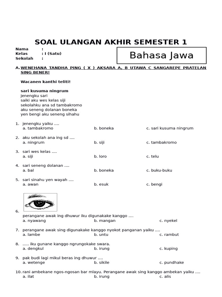 Soal Uas B.jawa Kelas 1 Semester 1 & Kunci Jawaban | PDF