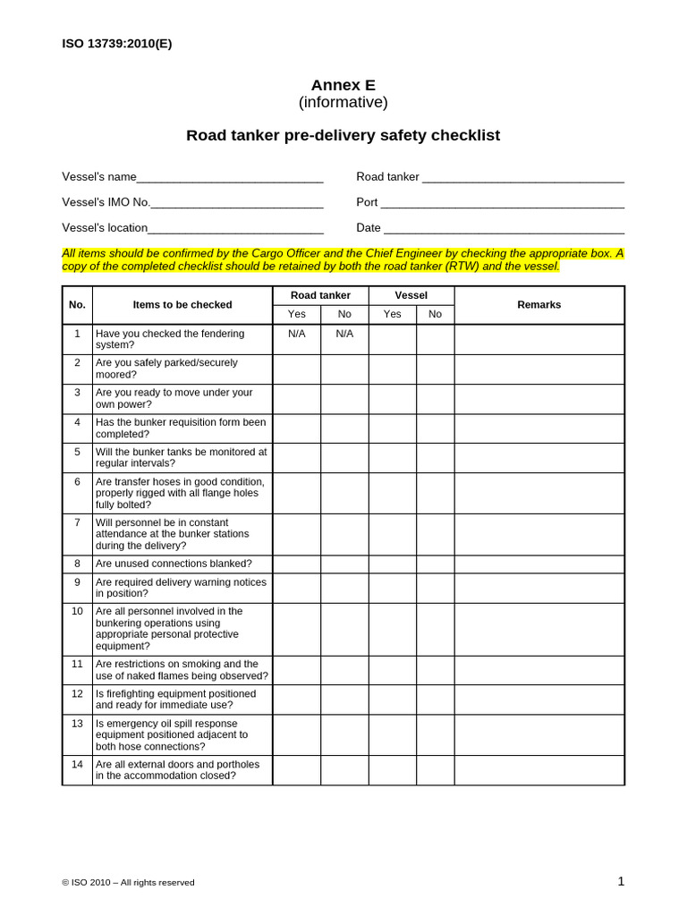 Road Tanker Checklist (Annex E) | PDF