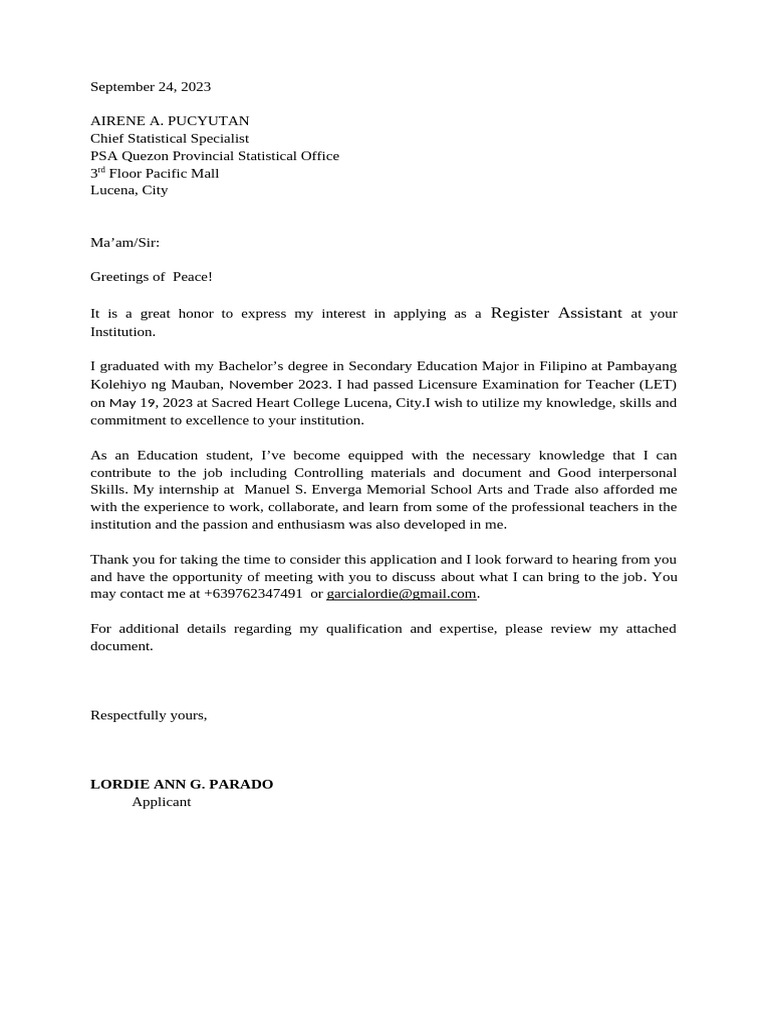 APPLICATION_LETTER sample | PDF