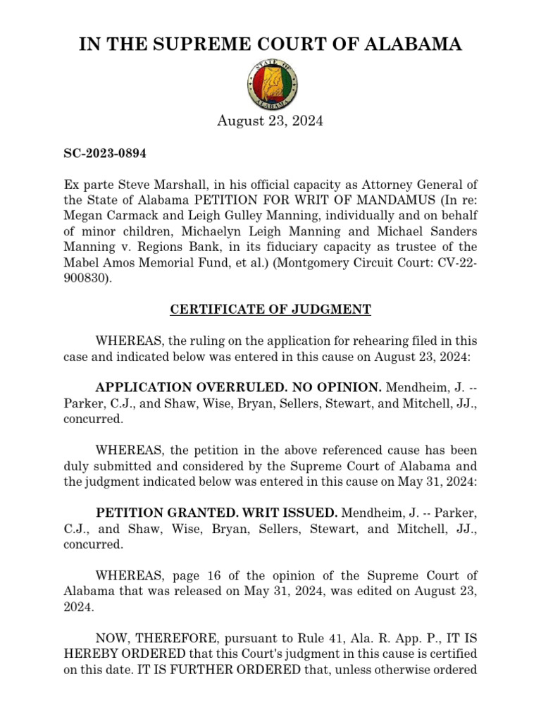 Alabama Supreme Court Mandamus Ruling | PDF