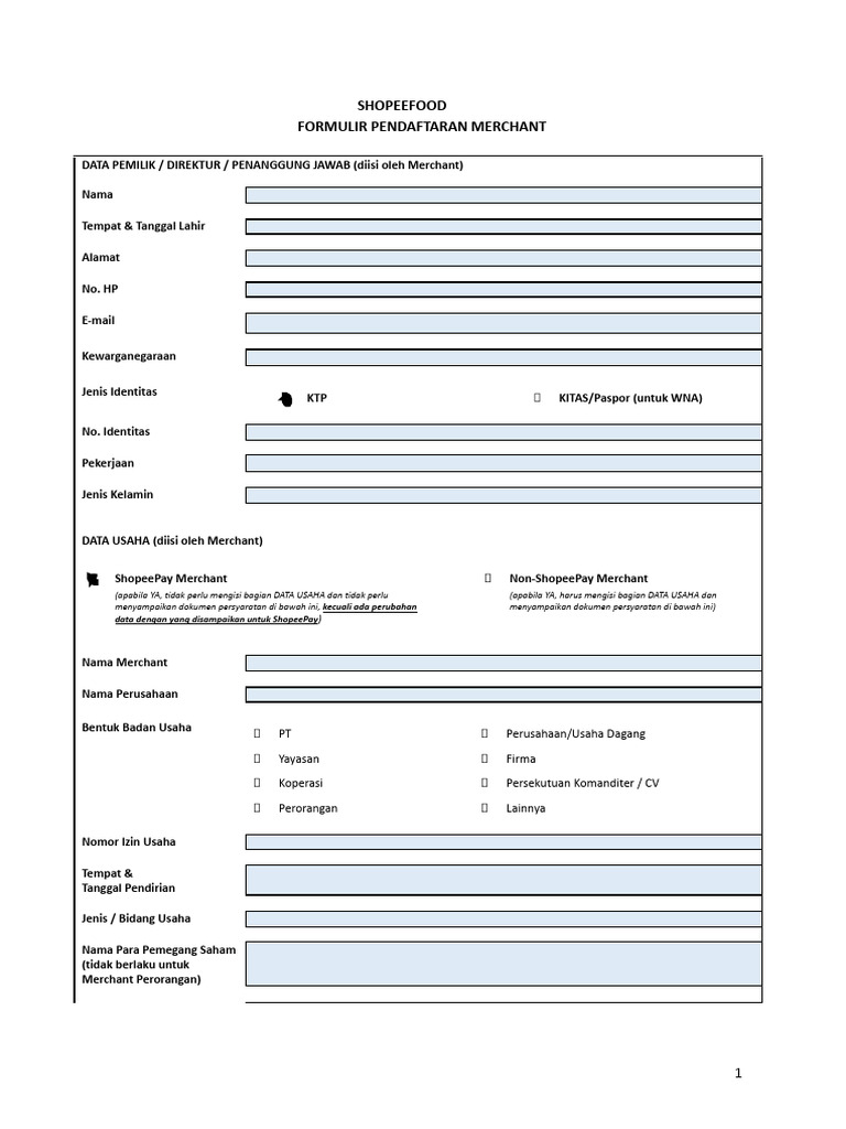 ShopeeFood - Merchant Registration Form - SID Rev 20521 | PDF