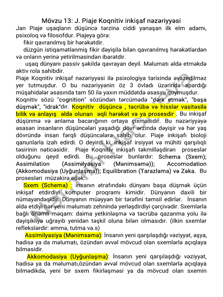 Piaje Koqnitiv Inkişaf Nəzəriyyəsi | PDF