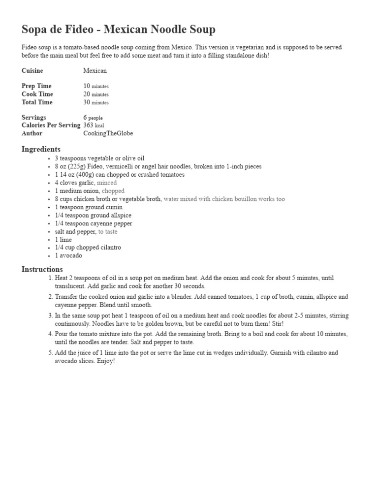 Sopa de Fideo - Mexican Noodle Soup Recipe | PDF