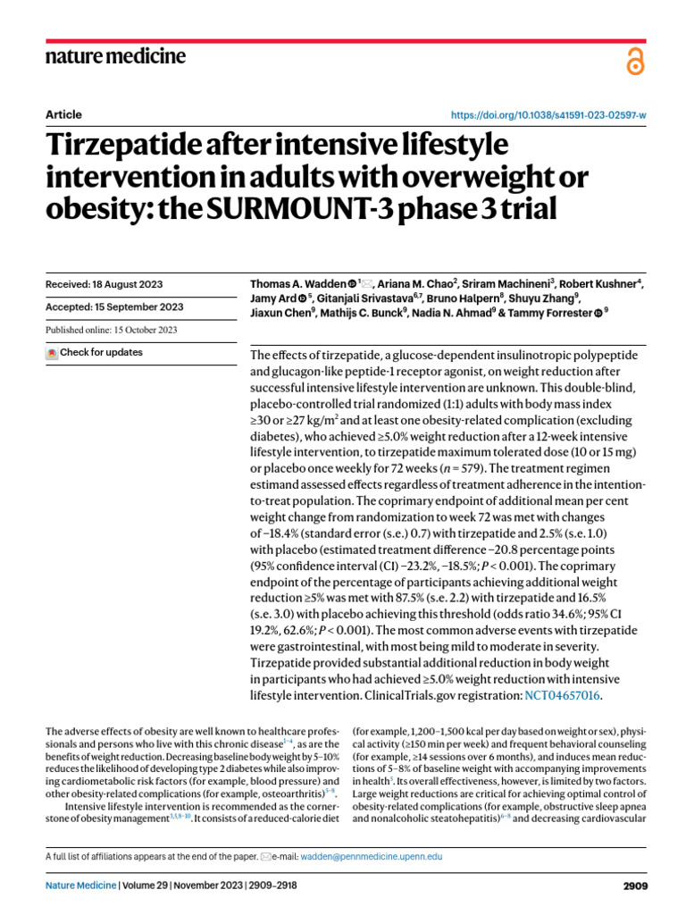 Tirzepatide After Intensive Lifestyle Intervention in Adults With ...