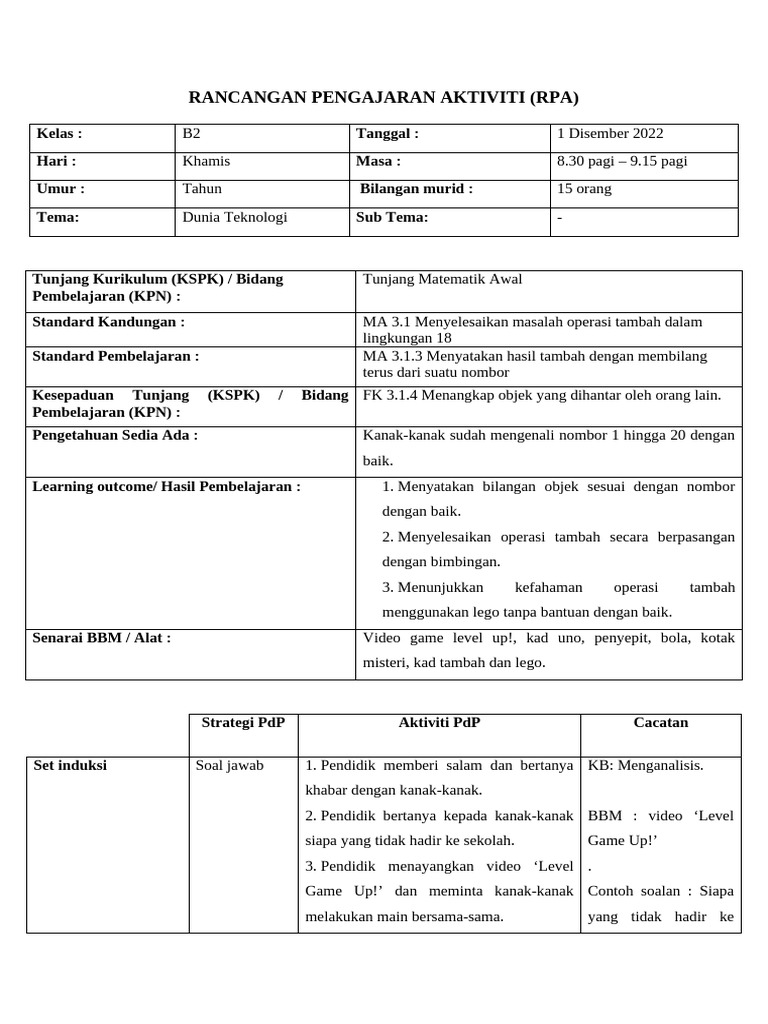 Rancangan Pengajaran Aktiviti (Rpa) | PDF