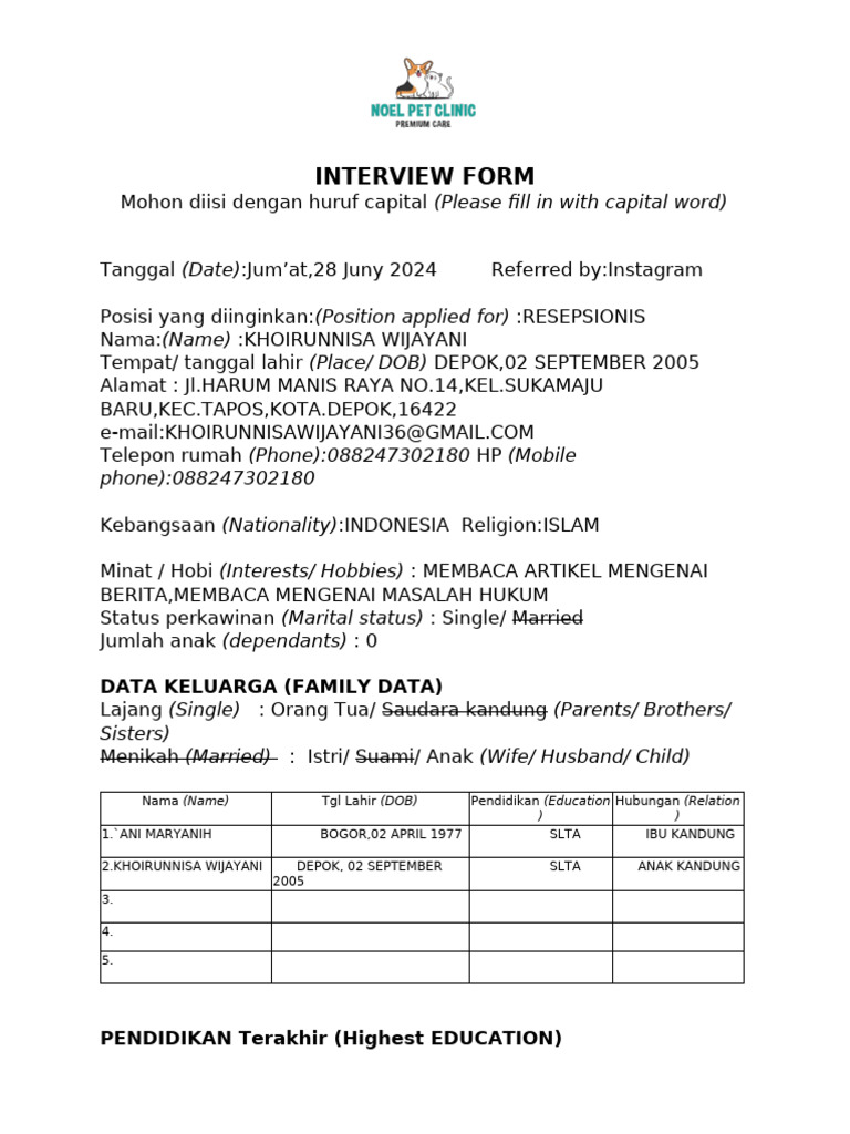Interview Form - Noel Pet Clinic | PDF